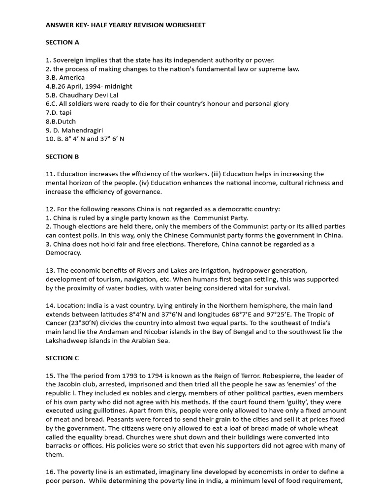 Class 9 Half Yearly Answer Key Revision Worksheet | PDF