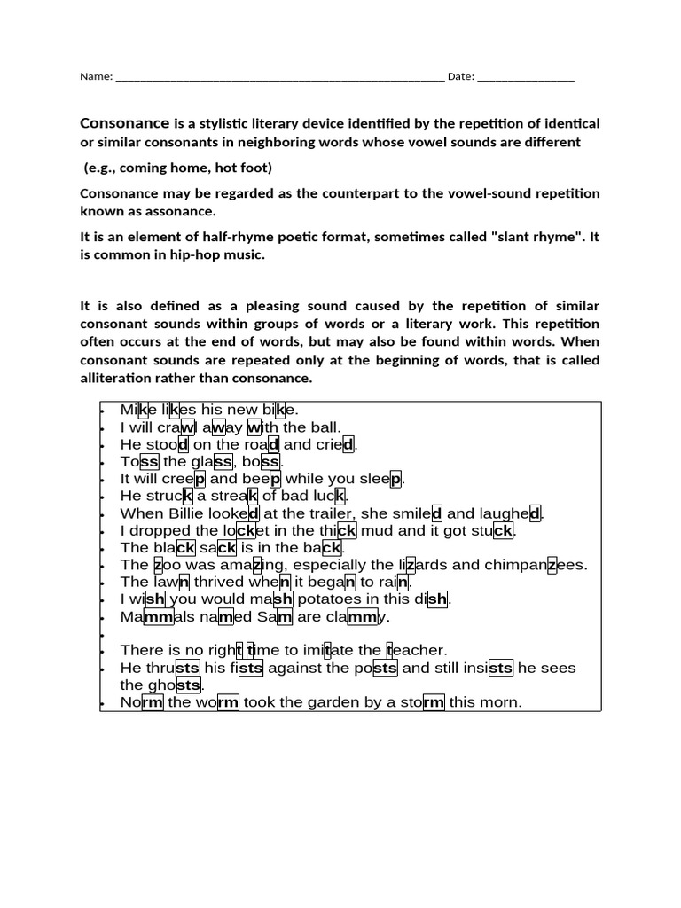 Consonance Worksheet | PDF | Poetics | Poetic Devices