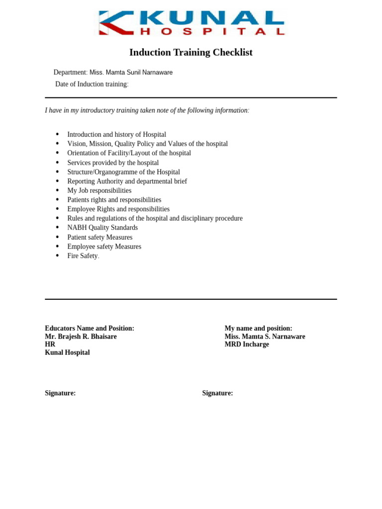 Induction Training Checklist | PDF