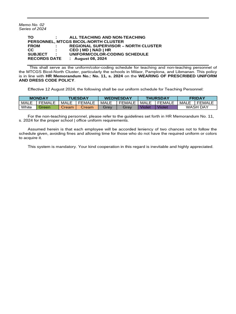 MEMO-UNIFORM-COLOR-CODING-SCHEDULE | PDF