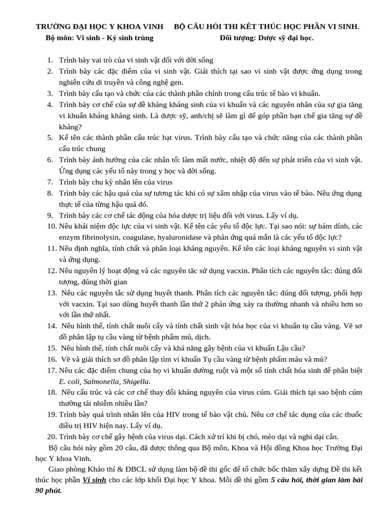 Trường Đại Học Y Khoa Vinh Bộ môn: Vi sinh - Ký sinh trùng Bộ Câu Hỏi Thi Kêt Thúc Học Phần Vi ...