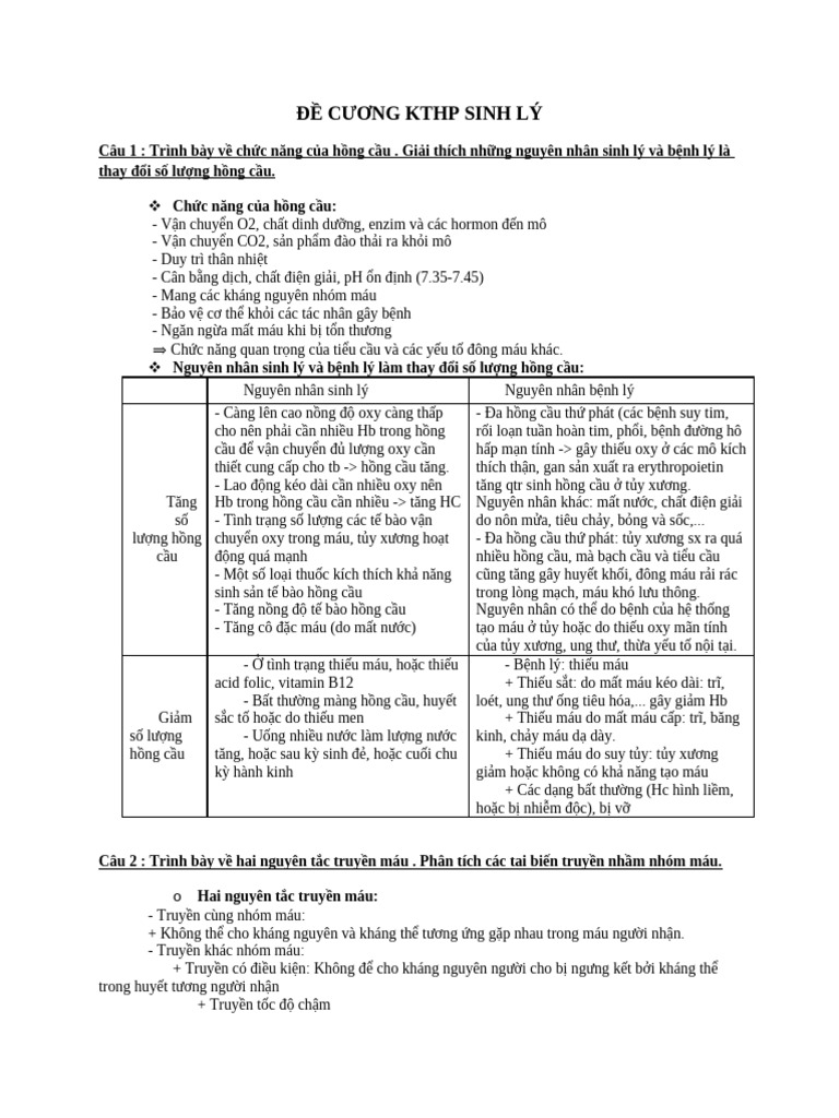 ĐỀ CƯƠNG KTHP SINH LÝ | PDF
