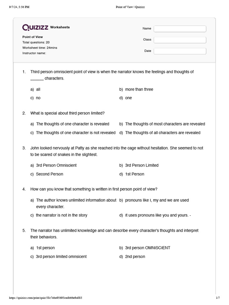 Point of View - Quizizz | PDF
