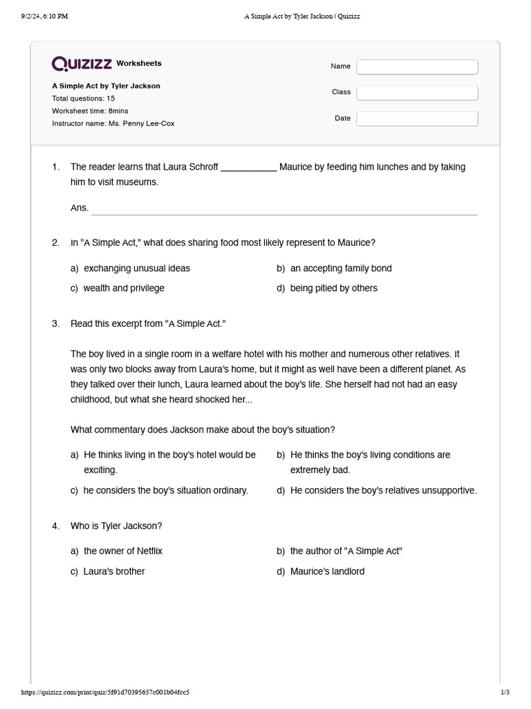 A Simple Act by Tyler Jackson - Quizizz | PDF