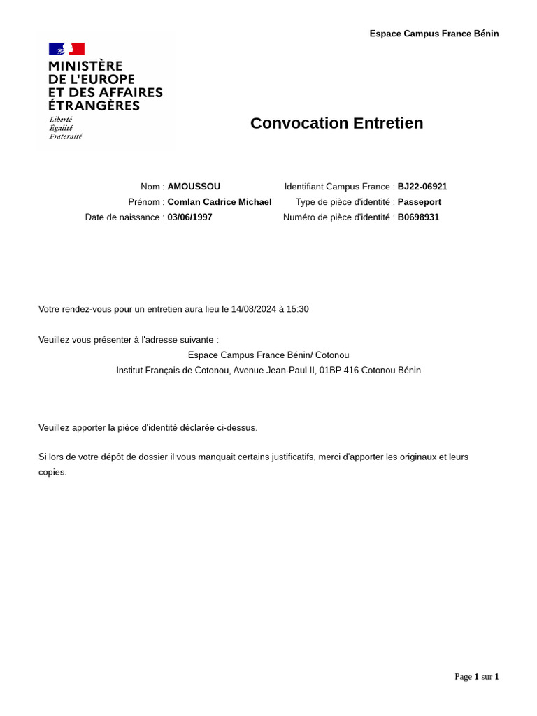 Convocation Entretien 1 | PDF