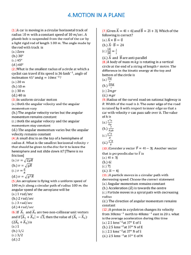 4 Motion in A Plane - Question | PDF