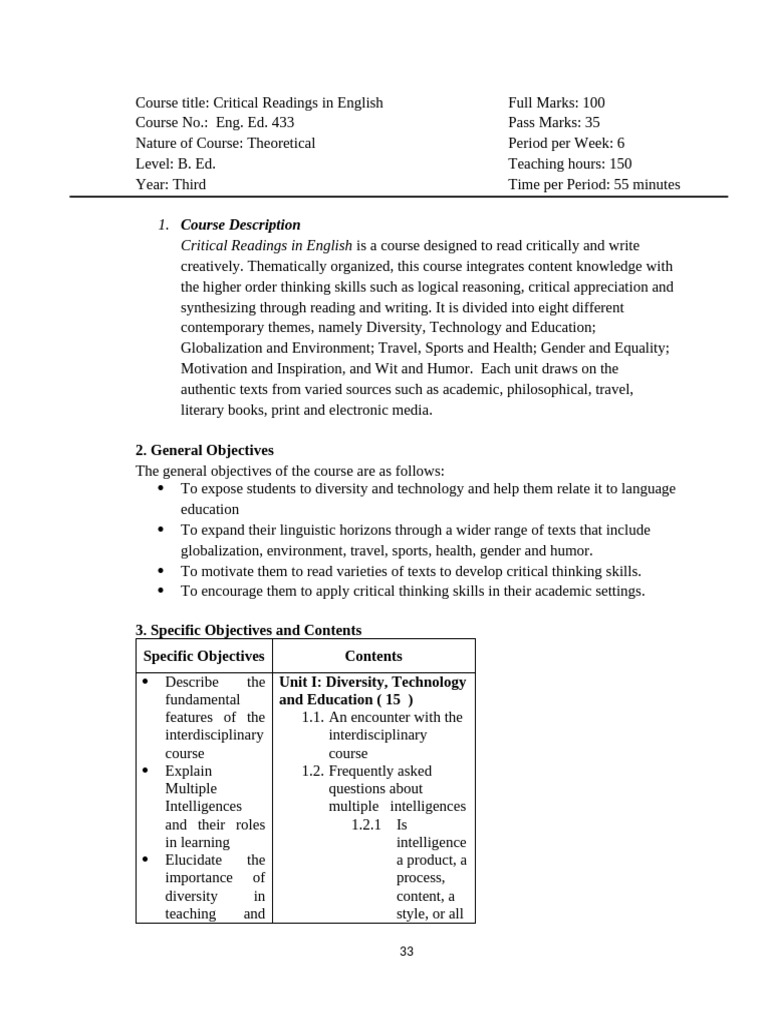 B Ed 3rd Year Syllabus Critical Readings in English Ed 433 ...