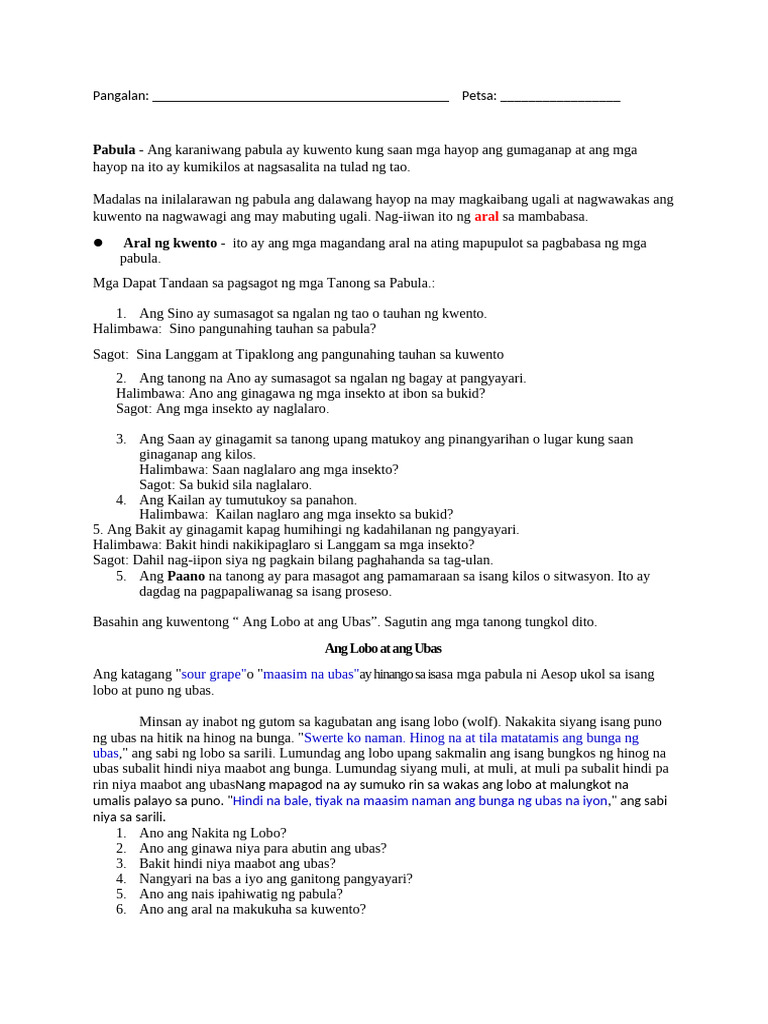 Pabula Worksheet | PDF | Language Arts & Discipline