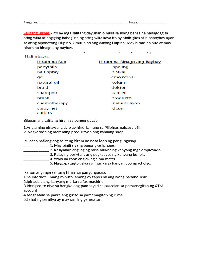 Salitang Hiram Worksheet for Grade 3 | PDF | Language Arts & Discipline