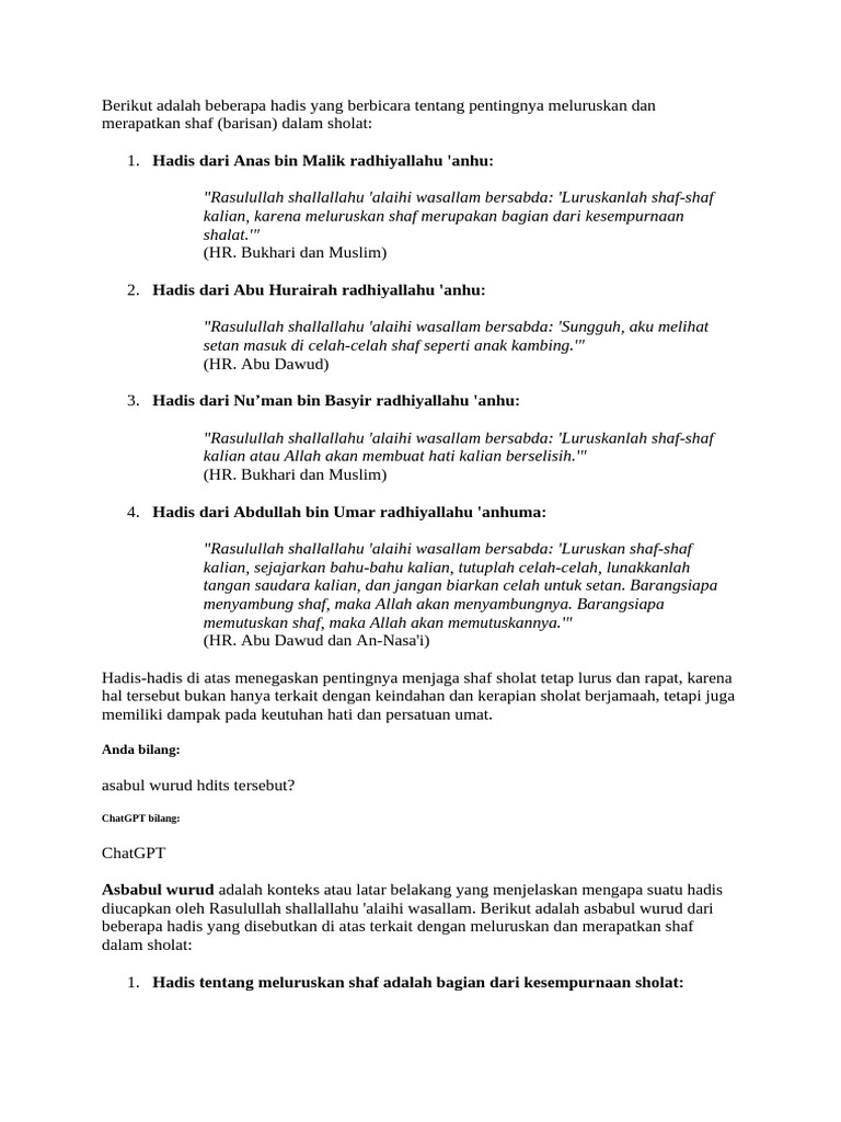 Berikut Adalah Beberapa Hadis Yang Berbicara Tentang Pentingnya Meluruskan Dan Merapatkan Shaf | PDF