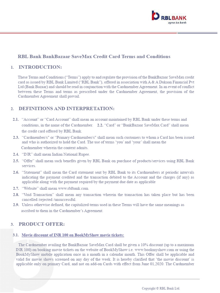 TNC Bankbazaar Savemax Credit Card | PDF | Banks | Credit Card
