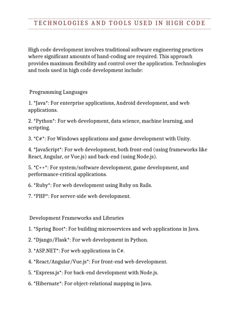 Technologies and Tools Used in High Code | PDF