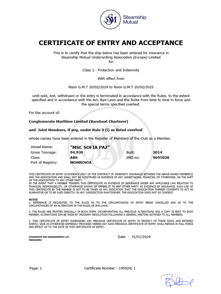 P&I Certificate of Entry COE 2024-2025 | PDF