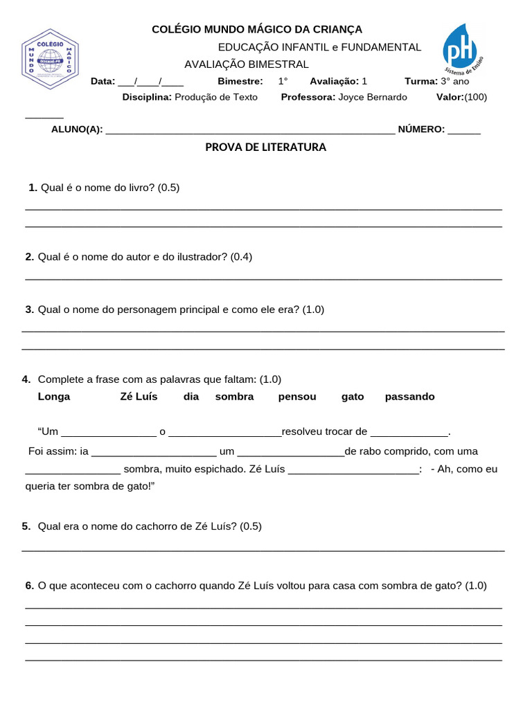 Prova de Literatura 3º Ano O Menino Que Trocou A Sombra | PDF