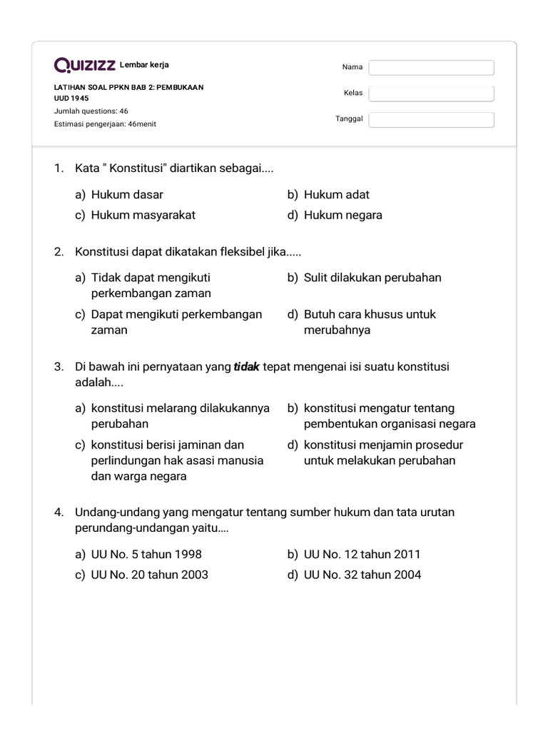 Latihan Soal PPKN Bab 2 - Pembukaan Uud 1945 Kls 9 | PDF