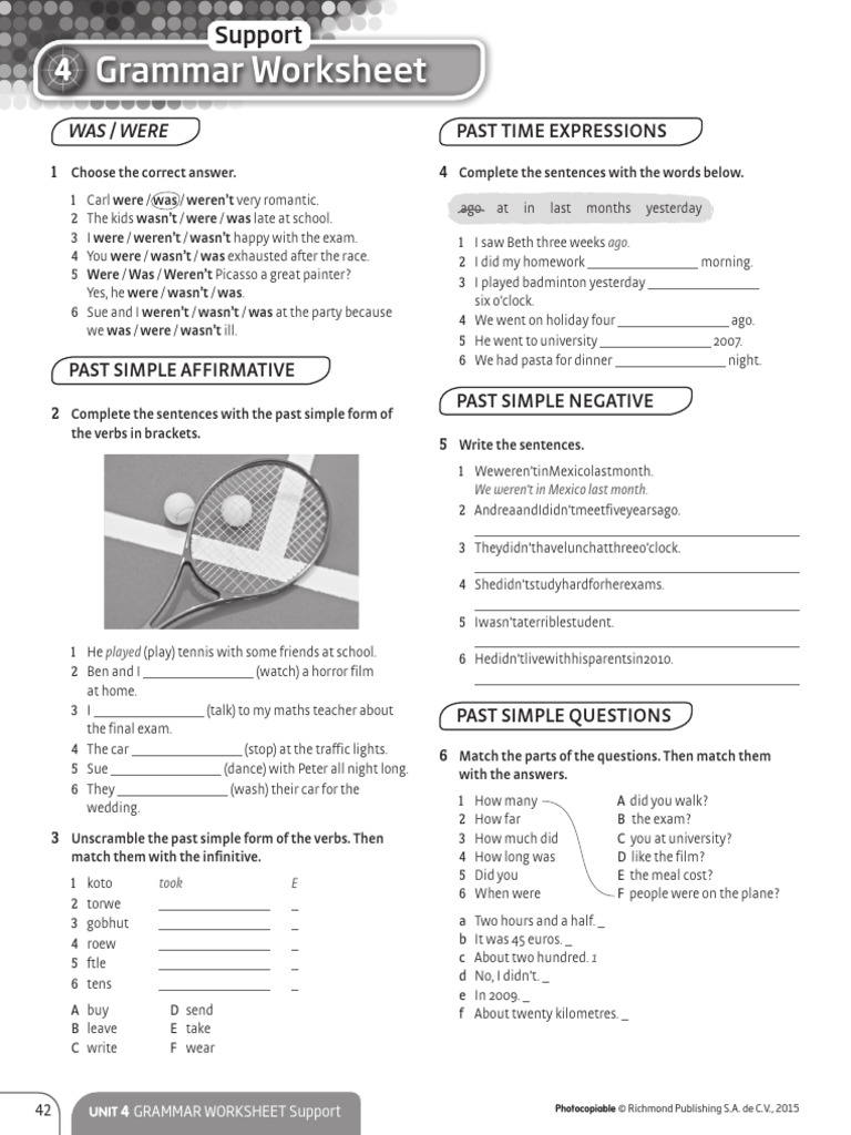 Achievers A2 Grammar Worksheet Support Unit 4 | PDF