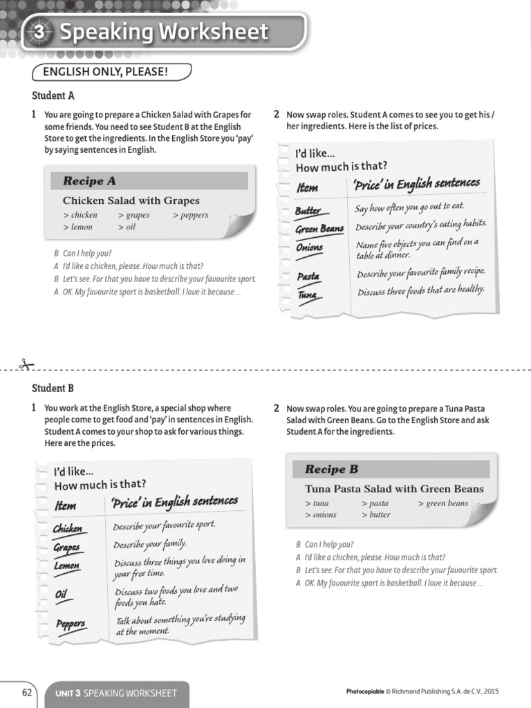 Achievers A2 Speaking Worksheet Unit 3 | PDF