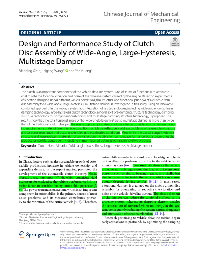 Design and Performance Study of Clutch Disc Assembly of Wide-Angle ...
