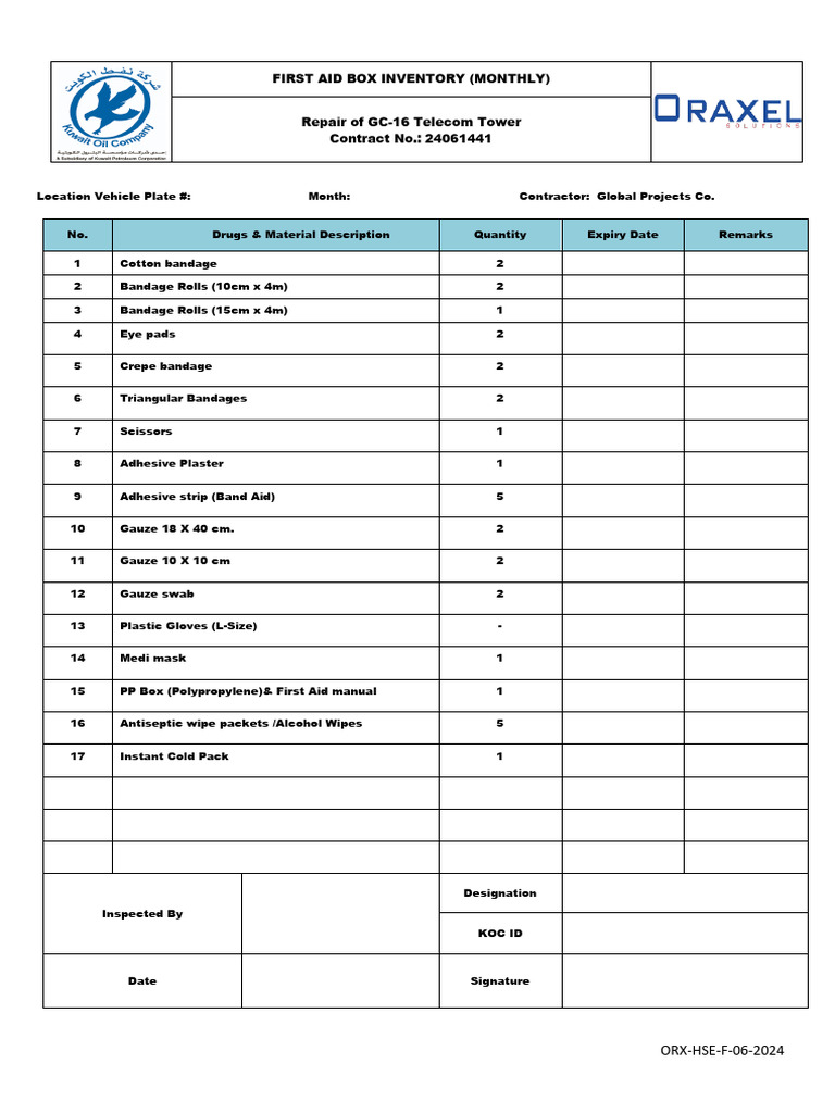 Monthly First Aid Kit Inventory Checklist | PDF