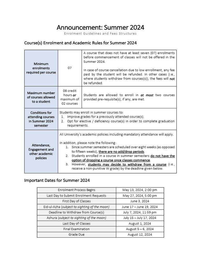 Summer 2024Enrolment Guidelines | PDF