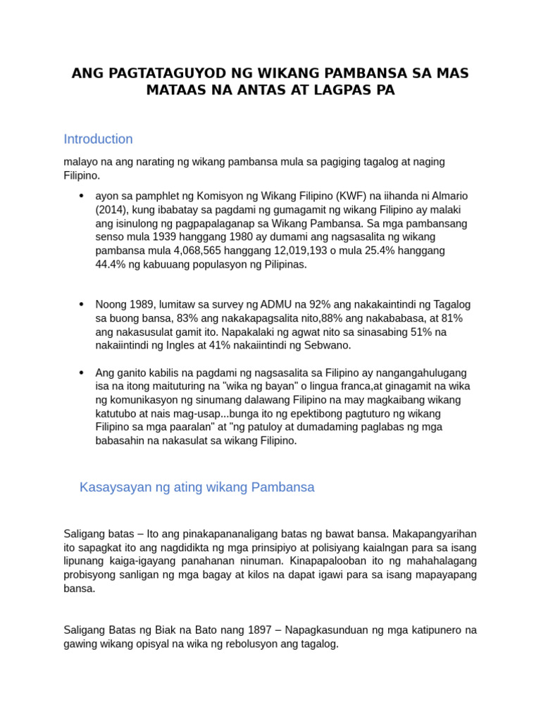 Ang Pagtataguyod NG Wikang Pambansa Sa Mas Mataas Na Antas at Lagpas Pa | PDF