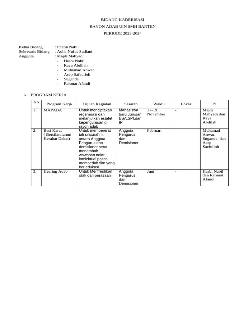Proker Bidang Kaderisasi | PDF