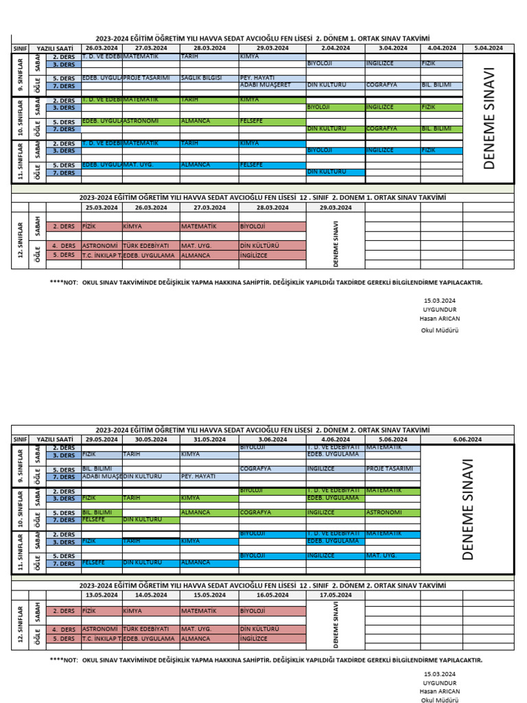 Dönem 1. Ve 2. Sinav Takvi̇mi̇ | PDF