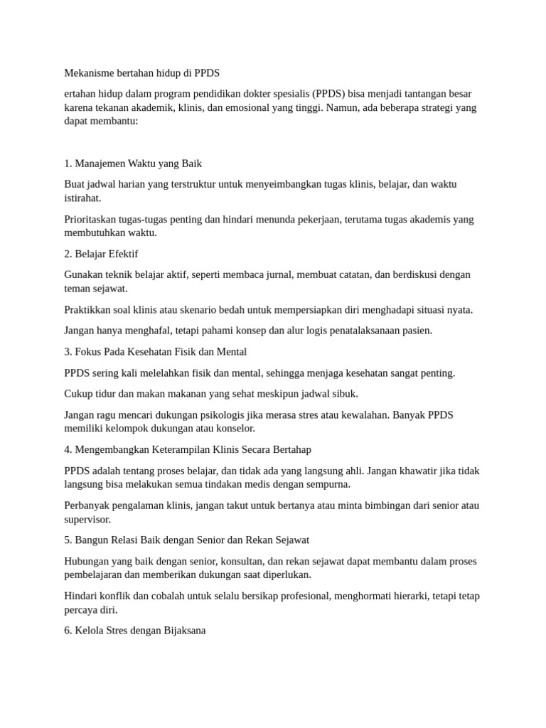 Mekanisme Bertahan Hidup Di PPDS | PDF