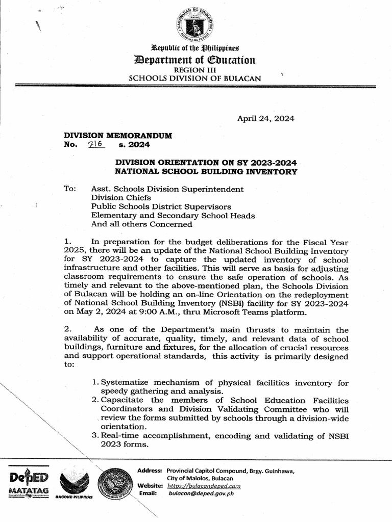 Division Memorandum No 216 S 2024 | PDF