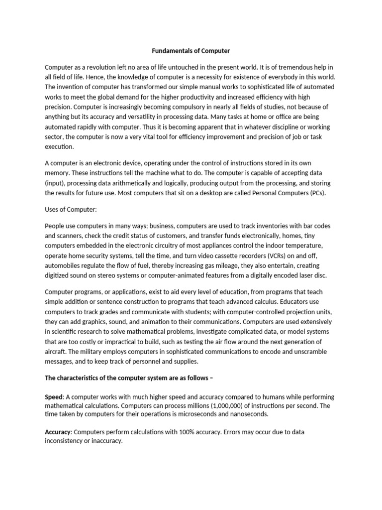 Unit I Fundamentals of Computer | PDF