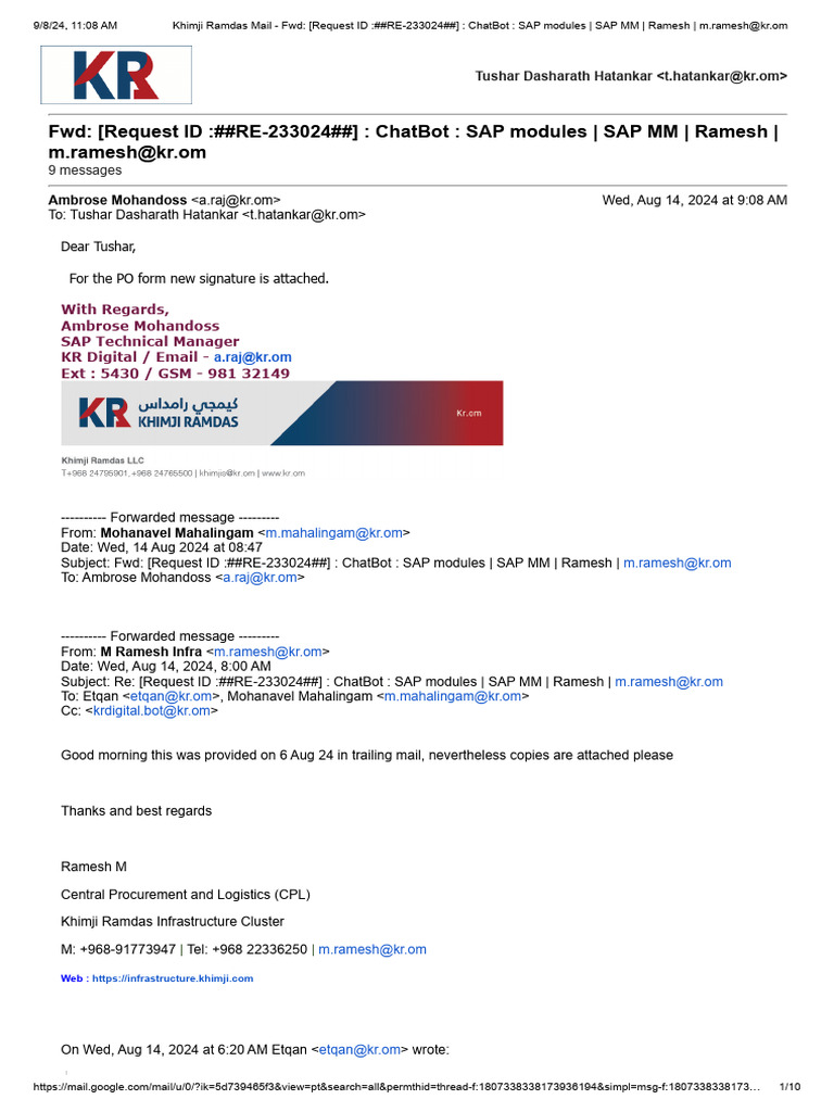 #233024 ChatBot SAP modules SAP MM Ramesh m.ramesh@kr.om | PDF
