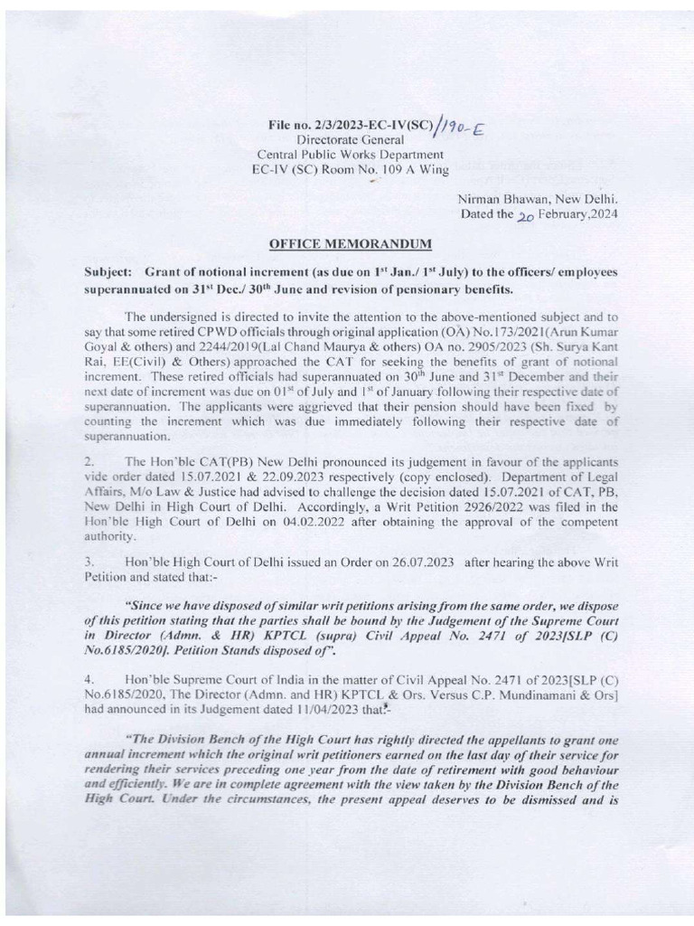 Notional Increment Pension Revision CPWD 20-02-2024 | PDF