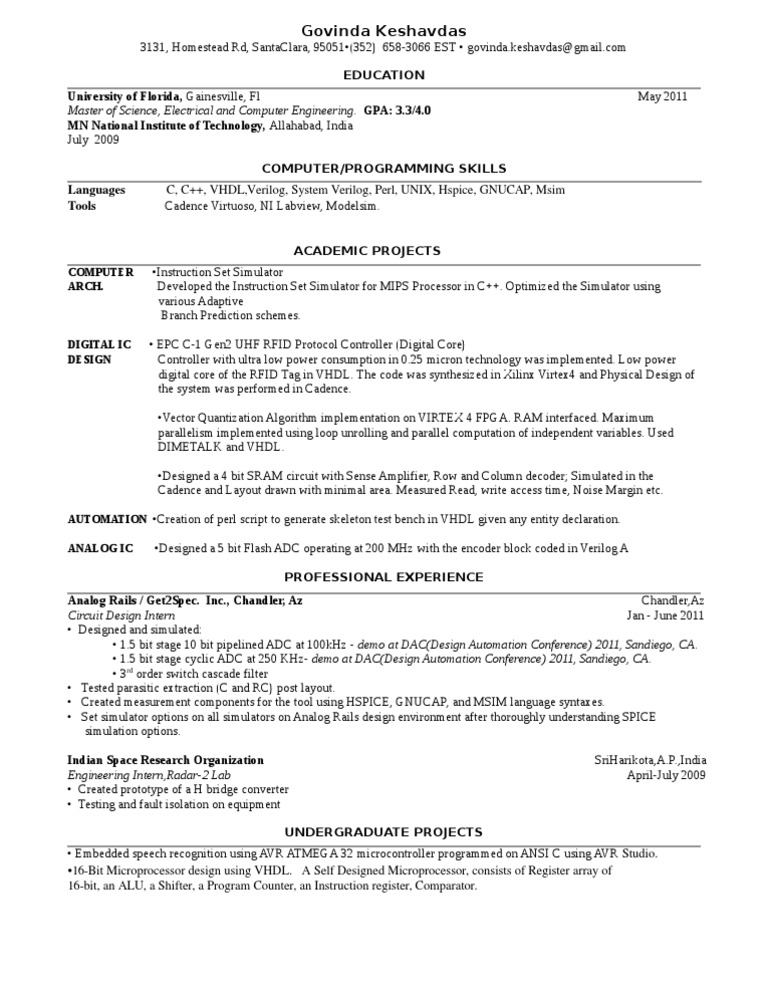 ASIC Design and Verification Resume Govinda Keshavdas | PDF | Vhdl ...