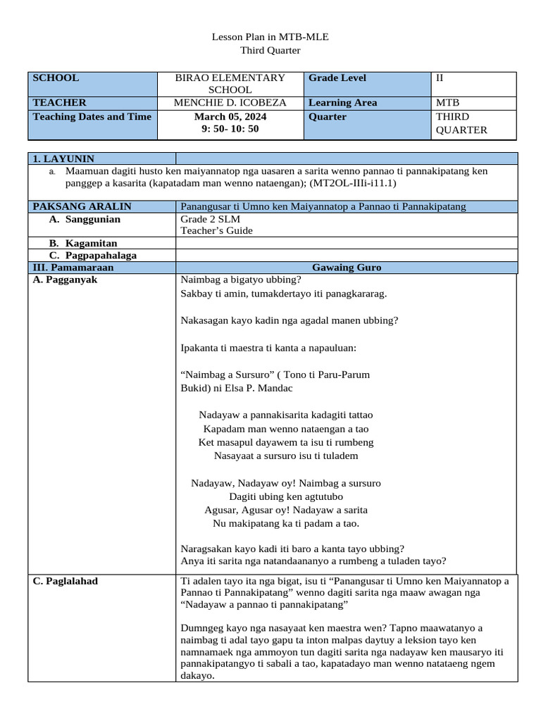 Q3 Lesson Plan in MTB-MLE | PDF | Teaching | Learning