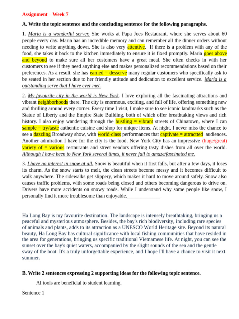 Maria Is A Wonderful Server.: A. Write The Topic Sentence and The Concluding Sentence For The ...