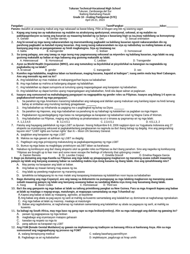 Grade 10 STE - TQ | PDF