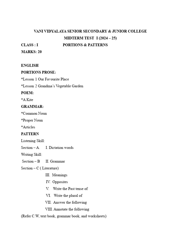 Class 1 Mid Term I Portions & Pattern 24-25 | PDF | Language Arts & Discipline