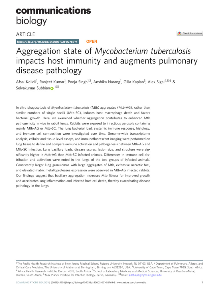 Aggregation State of Mycobacterium Tuberculosis Impacts Host Immunity and Augments Pulmonary ...