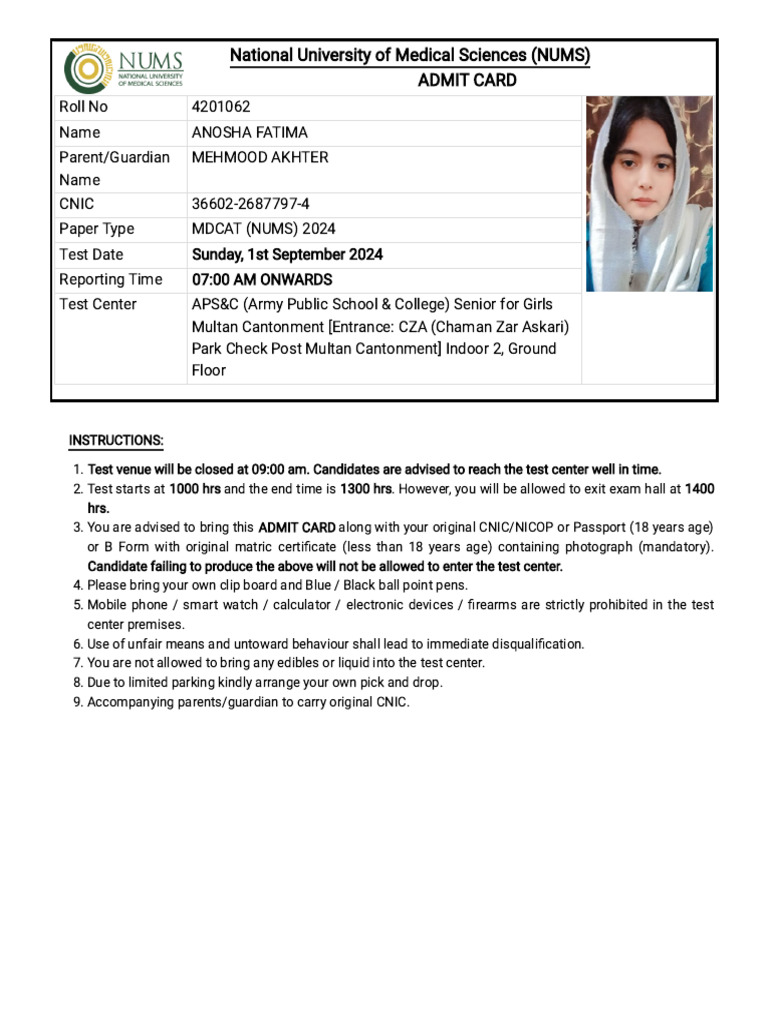Nums Admit Card | PDF
