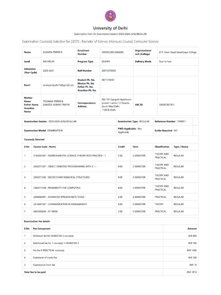 Exam Form Submitted Sem 2 | PDF