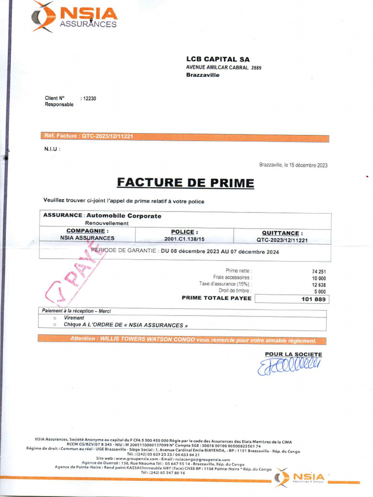 Factures NSIA + WTS - Assurance Véhicule 2023-2024 | PDF