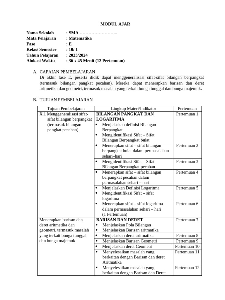 MODUL AJAR MATEMATIKA - ELEMEN BILANGAN (12 Pertemuan) | PDF
