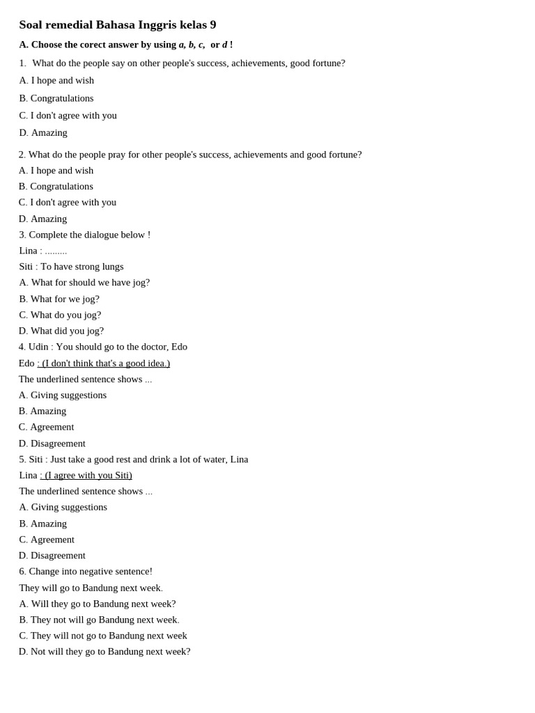 Soal Remedial Bahasa Inggris Kelas 9 | PDF