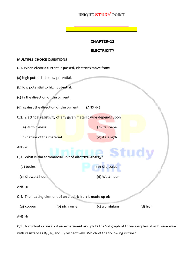 Electricity Most Important Questions | PDF