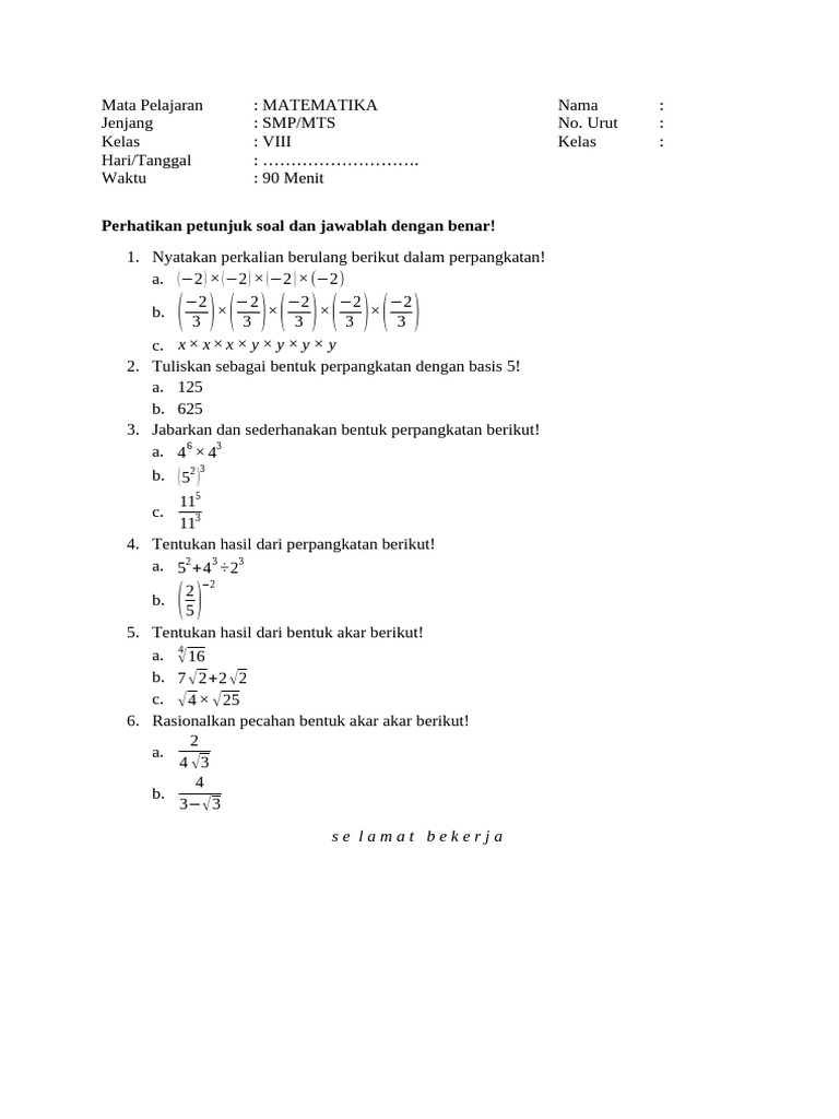 Soal-Soal Materi Perpangkatan Dan Bentuk Akar | PDF