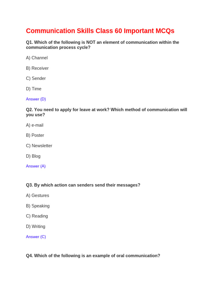 Communication Skills Class 10 Important MCQs | PDF Communication Skills Class 10 Important MCQs | PDF