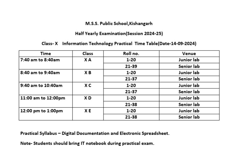Half Yearly Practical Time Table X | PDF
