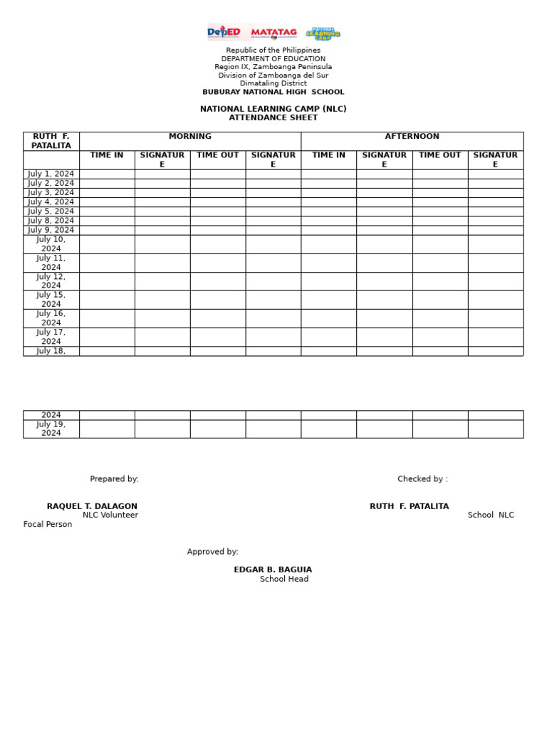 NLC Individual Attendance Sheet | PDF