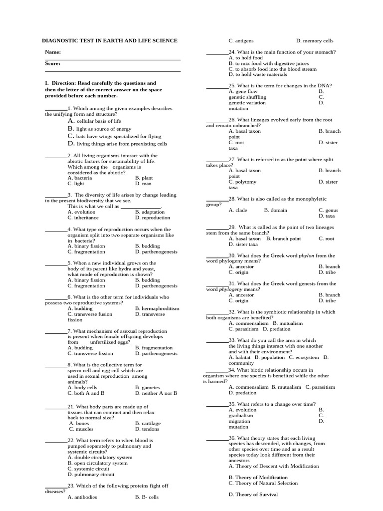Earth and Life Science Diagnostic Test | PDF | Reproduction | Evolution