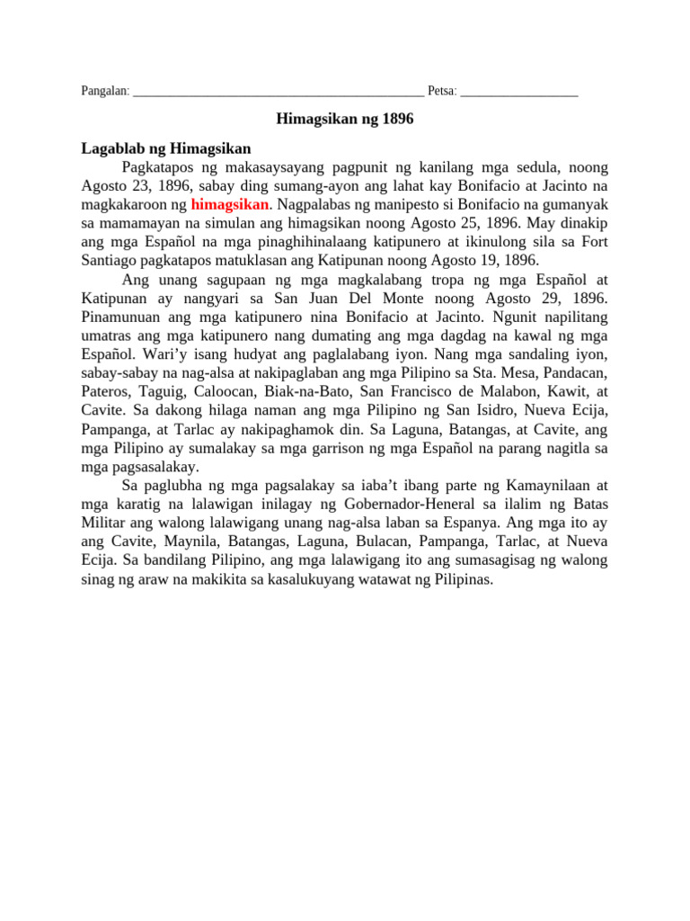 Himagsikan NG 1896 Worksheet | PDF